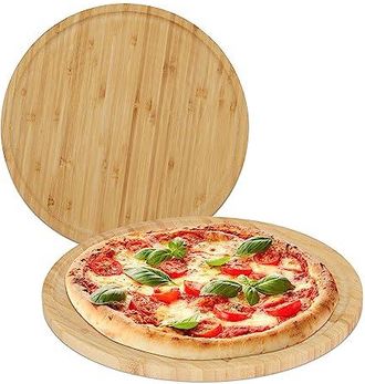 Relaxdays Pizzateller, 2er Set, Bambus, Ø 32 cm, Servierbrett für Pizza, Flammkuchen, Käse, rundes Pizzabrett, natur