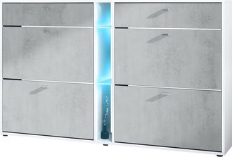 Vladon Schuhschrank Schuhkipper Today 155,5 x 95 x 28 cm, mit Blauer LED Beleuchtung, Made in Germany, Korpus in Weiß matt, Fronten in Beton Oxid Optik