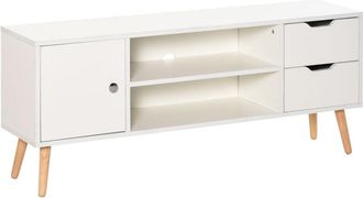 HOMCOM Homcom - Meuble tv banc tv style scandinave placard 2 niches 2 tiroirs passe-fils panneaux particules blanc bois pin
