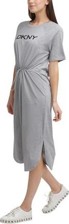 DKNY Robe à Manches Courtes avec Logo et Cordon de Serrage à la Taille décontractée, Gris Avenue, Femme