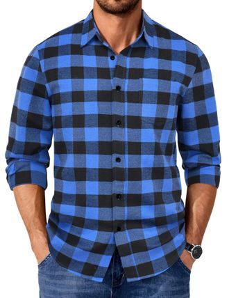 Coofandy Herren Kariertes Flanellhemd Langarm Freizeithemd Männer Button-Down Karo Holzfällerhemd mit Brusttasche Schwarz Blau 3XL