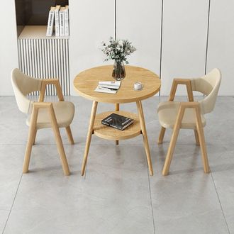 Generic Runder Empfangstisch Und 2 St&uuml;hle Im Set - Moderne Holzmaserung Mit PU-Ledersitzen for B&uuml;ro Oder Lounge(Khaki Chairs+Natural Wood Table)