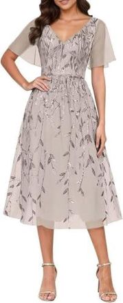 Generic Robe de soir&eacute;e formelle en tulle &agrave; paillettes pour femme Longueur th&eacute; M&egrave;re de la mari&eacute;e, taupe, 54 Grande taille