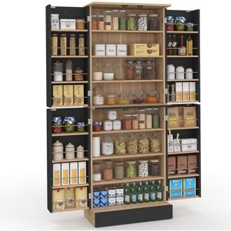 IDMarket Highboard K&uuml;chenschrank H.160 cm ALTO 4 T&uuml;ren mit Ablagef&auml;chern in Buchenholzoptik und Schwarz