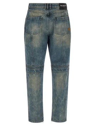 Balmain Knee-Ribbed Biker Denim Jeans - Blue