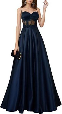 Homeyee Robe Femme Élégante Dentelle Florale Bretelles Spaghetti Longue Robe De Demoiselle dhonneur Robes De Soirée A-Ligne Robe De Bal A491 (S, Bleu Marine)