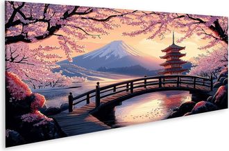 Islandburner Bild auf Leinwand Japanische Landschaft mit Kirschbl&uuml;ten und Pagode f&uuml;r Wohnzimmer Japanliebhaber Japanisches Bilder Wandbilder Poster
