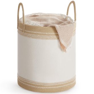 Songmics W&auml;schekorb, W&auml;schesammler, Aufbewahrungskorb, Baumwollseil, mit Henkel, f&uuml;r Decken, Kleideraufbewahrung, Schlafzimmer, Waschk&uuml;che, 60 L, wolkenwei&szlig;-ka