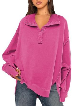 Generic Pull surdimensionn&eacute; &agrave; col en V pour femme, pull &agrave; manches longues fendues sur le dessus avec boutons, tenue d&eacute;contract&eacute;e pour femme, rose, XL