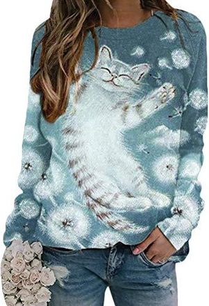 Onsoyours Femmes Pull 3D Chat Imprim&eacute; Sweatshirt Top Manches Longues Chat 3D ray&eacute; Noir Femme Casual Pull Chat Noir Col Rond T Shirt Grande Taille Sweat Blouse T