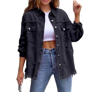 Generic Veste en jean surdimensionn&eacute;e &agrave; franges d&eacute;chir&eacute;es pour femme avec poche, Noir, XXL