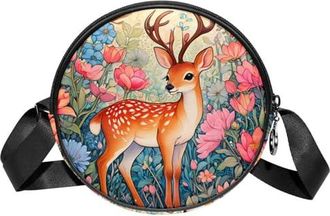Generic Sac &agrave; bandouli&egrave;re rond pour femme, petit sac &agrave; bandouli&egrave;re avec fermeture &eacute;clair, bretelles r&eacute;glables, style d&eacute;contract&eacute;, motif cerf