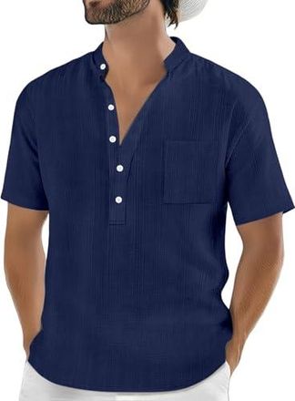 Generic Chemise en coton et lin pour homme - Hauts de sport 2026 - D&eacute;contract&eacute; et tendance - Couleur unie - Noeud imitation lin - T-shirt ample &agrave; manches cour