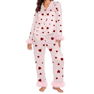 Generic Ensemble de pyjama en satin pour femme - V&ecirc;tement de nuit imprim&eacute; coeur - Haut et pantalon boutonn&eacute;s - Tenue 2 pi&egrave;ces - Pyjama en soie doux et confort