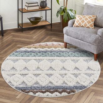 Carpet City Teppich Hochflor Wohnzimmer - 160x160 cm Rund - Boho-Stil Ethno Creme Multi - Cut-Loop, Hochtief, 3D-Effekt - Shaggy Teppiche Flauschig-Weich Schlafzi