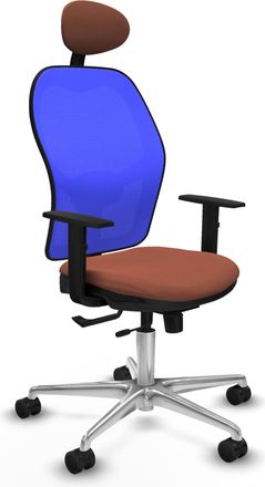 Piqueras y Crespo B&uuml;rostuhl mit 1D-Armlehnen und festem Kopfteil, ausgestattet mit Syncro/Traslack und eingespritztem Schaum. Mit Rollen von 65 mm Nylon, Blau/Braun