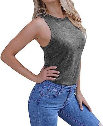 Generic Y2K - D&eacute;bardeurs d&eacute;contract&eacute;s pour femmes, couleur unie, sans manches, chemisiers de printemps, coupe ample, col haut, mignon, tendance, col rond, pou