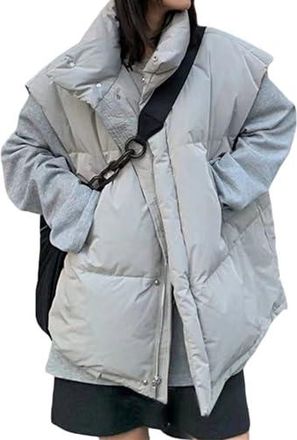 Generic Gilet bouffant surdimensionn&eacute; pour femme - Col montant - Fermeture &eacute;clair - Sans manches - Ourlet avec cordon de serrage - Pour lhiver, gris clair, L