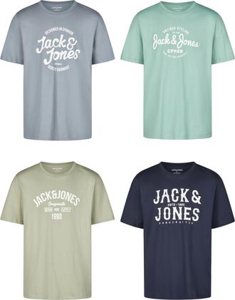 Jack & Jones Tshirt Herren Regular Fit JJLINO 4er Pack Set Pack Rundhals Kurzarm Sommer Tee Shirt Print, Größe:XL, Farbe:Pack 1
