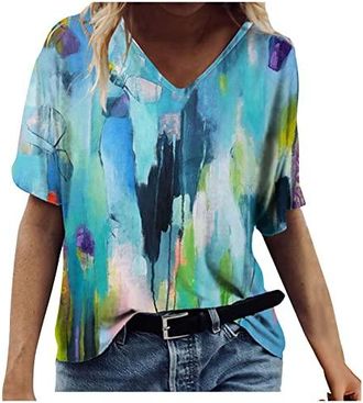 Generic T-shirt à manches courtes pour femme, style bohème tendance, col en V, décontracté, ample, confortable, bleu, L