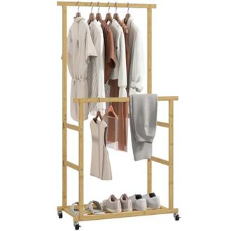 HOMCOM Portant &agrave; v&ecirc;tements &agrave; roulettes, porte-manteau double barre en bambou avec &eacute;tag&egrave;re de rangement inf&eacute;rieure, penderie v&ecirc;tement pour chambre, buanderie,