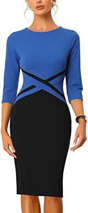 Allegra K Robe Fourreau pour Femmes Contraste Couleur Manches 3/4 Moulante Travail Bureau Crayon Robes Bleu Royal M