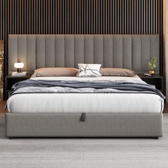 Generic Polsterbett mit hydraulischem Stauraum und Lattenrost modernes Bettgestell aus Leinen mit Zwei Nachttischen inklusive Ablage praktische Aufbewahrungsl