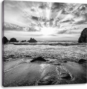 Pixxprint Sandstrand mit Felsen im Sonnenuntergang, Monochrome, Gr&ouml;&szlig;e: 60x60 cm, Leinwandbild Quadratisch, Wandbild, Kunstdruck, fertig bespannt