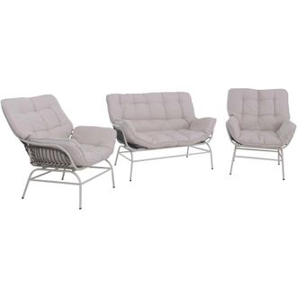 Hhg Lounge-Set HHG-736, Gartengarnitur Sofa Sitzgruppe, Stoff 220g/m&sup2; Poly-Rattan Metall hellgrau, Polster beige