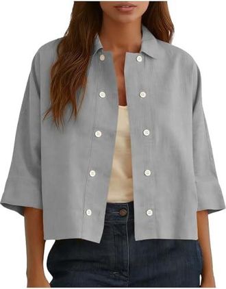 Generic Chemise en gaze pour femme - Manches mi-longues - Couleur unie - Tendance - Double boutonnage - Ouvert sur le devant - Col rabattable - En coton et li