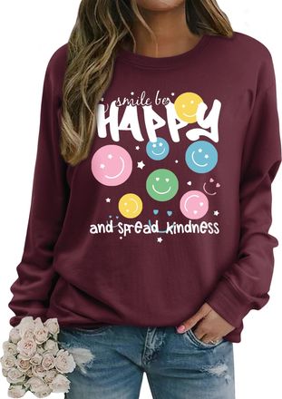 Dresswel Damen Sweatshirt Smile Brief Drucken Pullover Lustiges Lächelndes Rundhals Langarmshirt Baumwolle Pulli Herbst Winter Casual Oberteile Langarm Tops