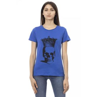 Trussardi Femme, Tops, Bleu, Taille: 44 FR T-shirt en Coton Bleu à Manches Courtes avec Imprimé sur le Devant