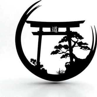 Generic D&eacute;coration murale japonaise en m&eacute;tal Torii Gate & Bonsa&iuml; - Sculpture ronde inspir&eacute;e du zen pour salon, coin de m&eacute;ditation ou entr&eacute;e - Design minimalis