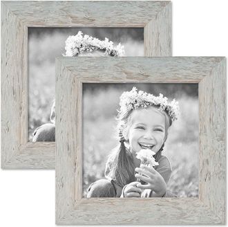 Photolini Bilderrahmen 15x15 cm Holz Grau, 2er Set Echtholz-Rahmen rustikal, Strandhaus, Made in Germany, Echtglas, zum Aufhängen & Aufstellen, extra Zubehör - 