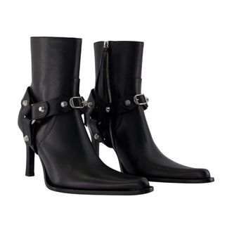 Balenciaga Womens Harness-Strap Leather Ankle Boot Black Calfskin Heels