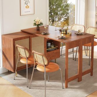 Liberte Table de bar pivotante 360&deg; avec portes en rotin, rangement et plateau extensible, 107-187 cm, marron