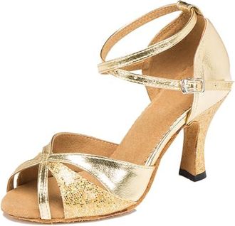 Minitoo Chaussures de danse latine à paillettes pour femme - Confortables, Talon X100 doré de 8 cm, 38 EU