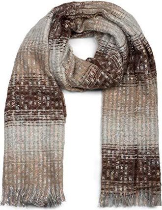 styleBREAKER &eacute;charpe pour femmes avec motif tiss&eacute; &agrave; rayures, des paillettes et des franges courtes, hiver, &eacute;tole, foulard 01017114, couleur:Marron-Beige-Gris clair