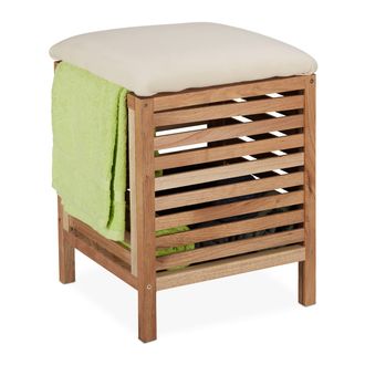 Relaxdays W&auml;schekorb mit Sitz, Walnussholz, Stoff, 35 l W&auml;schesammler, HBT: 51x39x39 cm, Badhocker mit Stauraum, Natur