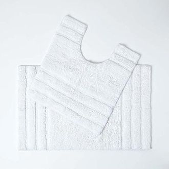 Homescapes Tapis de Bain antidérapant 50 x 80cm + Contour WC 50 x 55cm, Lot de Tapis de Bain en Pur Coton Ultra Doux, Couleur Blanc
