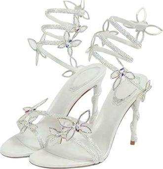 Generic YUJIEBB &Eacute;l&eacute;gant Rose Mariage Carstal Bow Talons Hauts Sandales Femme &Eacute;t&eacute; Sangle de Cheville Mince Talons Hauts Bout Ouvert Chaussures de F&ecirc;te, blanc, 