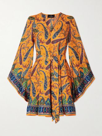 Etro Minikleid Aus Seiden-twill Mit Paisley-muster Und Bindegürtel - Orange