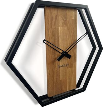 FlexiStyle Wanduhr gro&szlig; Hexagon Holz Eiche LOFT schwarz Industrial modern 50cm Durchmesser ohne tickger&auml;usche Industrial Style