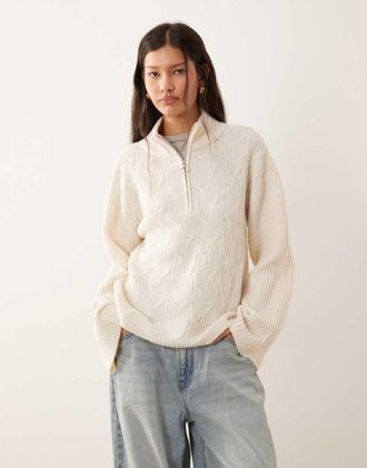 Vila Strickpullover in Cremewei&szlig; mit Zopfmuster und Rei&szlig;verschluss