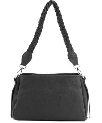 modamoda.de T263 Damen Leder Schultertasche, handmade in Italy, 27x10x18 cm, 3 Hauptf&auml;cher, abnehmbarer Henkel, Farbe:Schwarz
