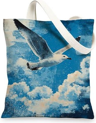 Generic Coastal Gull Sac fourre-tout en toile, sacs dépicerie vintage réutilisables, sacs légers à bandoulière bleu 33 x 38 cm
