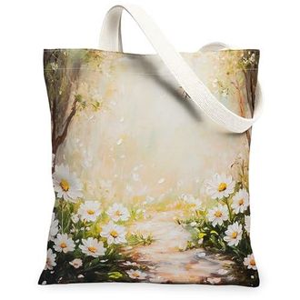 Generic Sac fourre-tout en toile avec marguerites printani&egrave;res pour le shopping, 33 x 38 cm, motif for&ecirc;t, fleurs, abeilles, sac d&eacute;picerie r&eacute;utilisable pour fe