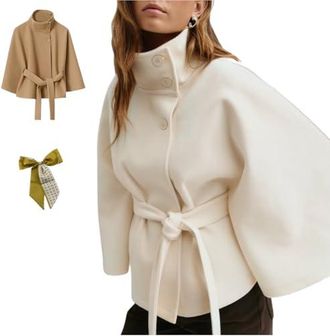 Generic Womens Batwing Sleeve Poncho Peacoat,Oversized Wool Blend Poncho Cape with Belt,Elegant Stand Collar Winter Cropped Overcoat (FR/ES, Alpha/lettres, L,