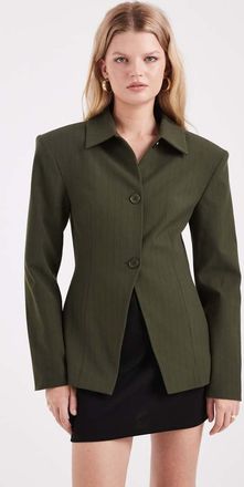 Asos Blazer in Olivgrün mit Nadelstreifen, Kragen und betonter Schulterpartie