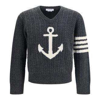 Thom Browne Merino-Wollpullover mit 4 Bar und Anker-Motiv - - Knitwear - Herren - Grau - L